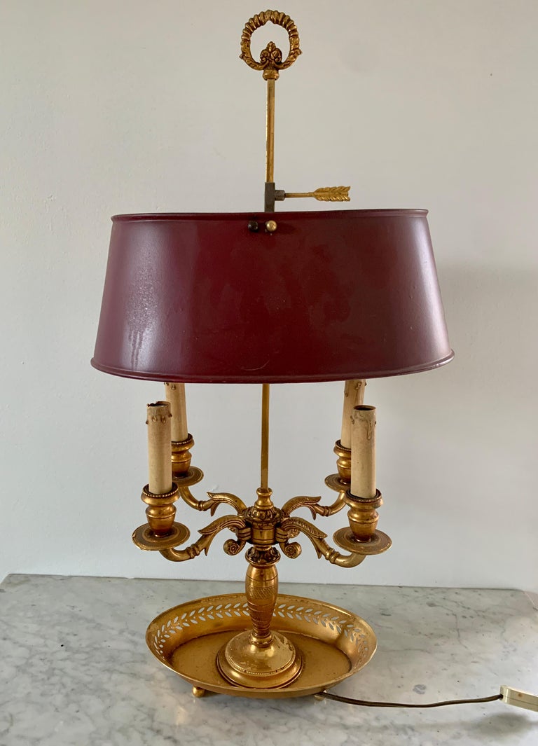 Early 20th Century Brass Four Arm Bouillotte Lamp with Burgundy Tole ...