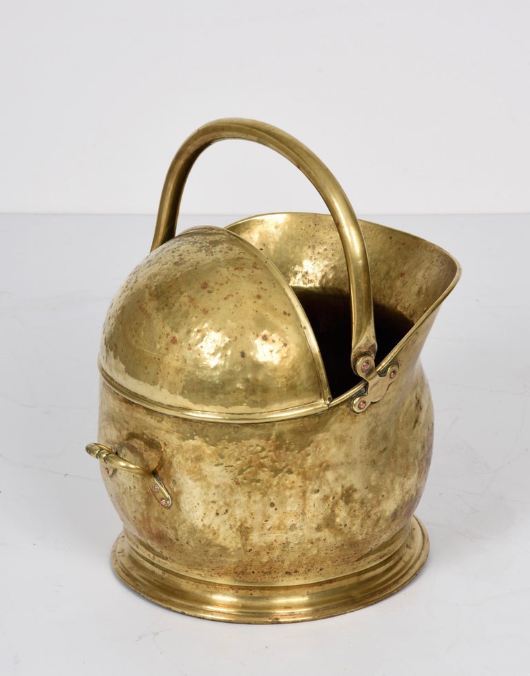 Helmet-shaped brass coal bucket from the early 1900s, Italy, 1930s For ...