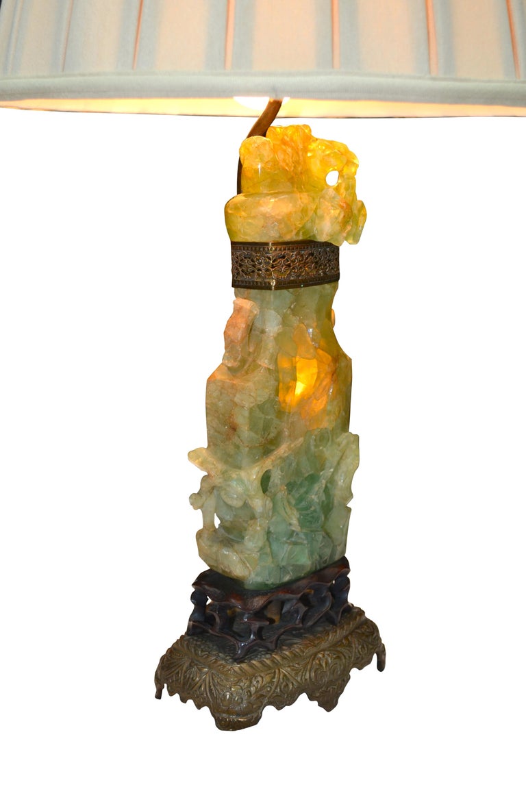 Early 20th Century Chinese Carved Green 'Jadeite' Quartz Lamp at 1stDibs