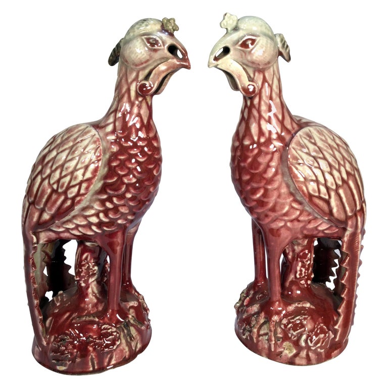 Early 20th Century Chinese Export Pair of Ceramic Ho Ho Birds at 1stDibs