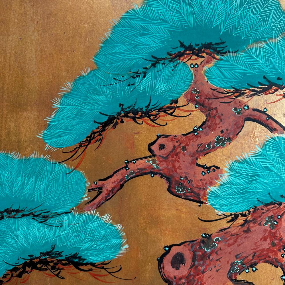 Early 20th century classic screen with auspicious trees and shrubs Pine ...
