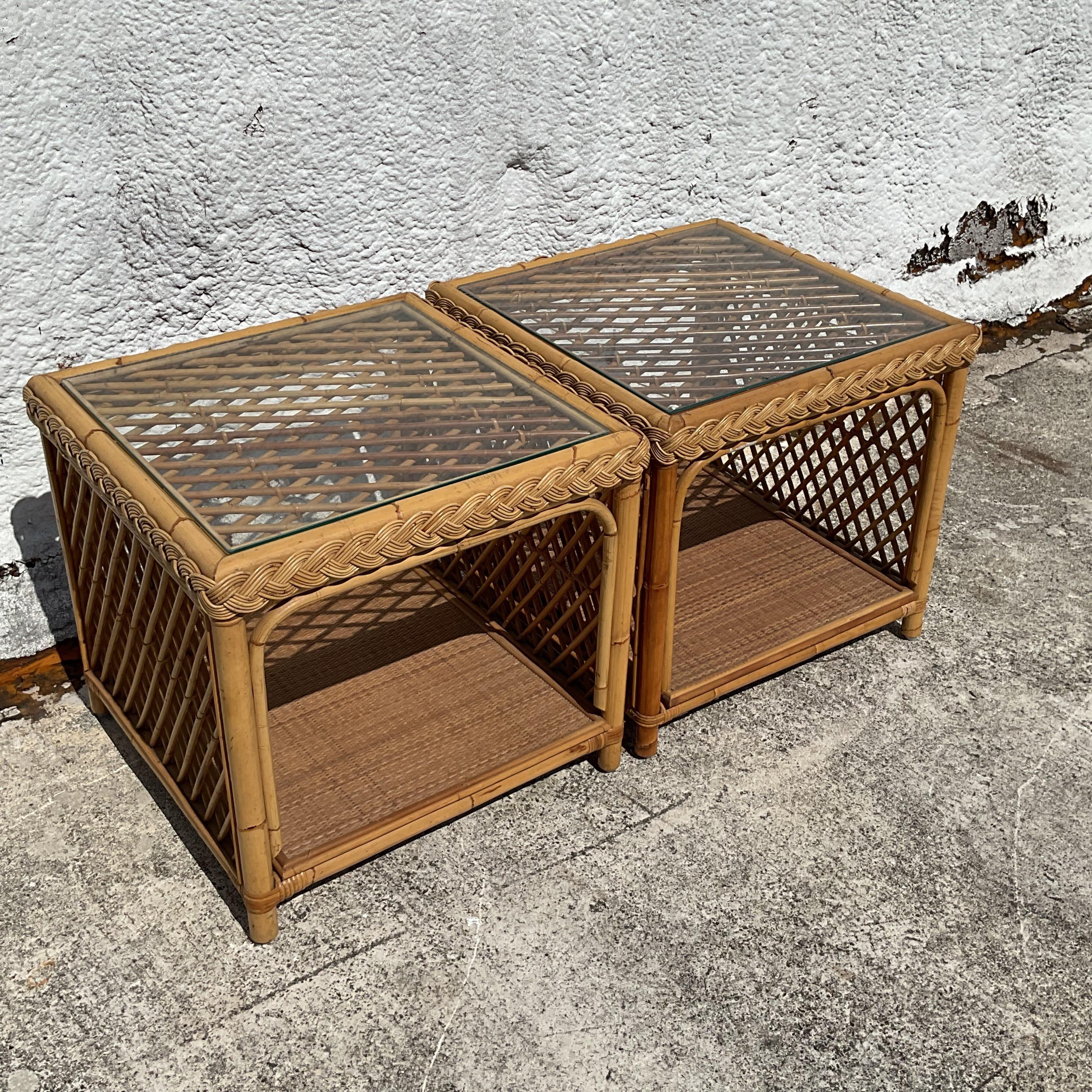 Early 20th Century Coastal Trellis Braided Rattan Side Tables - a Pair ...