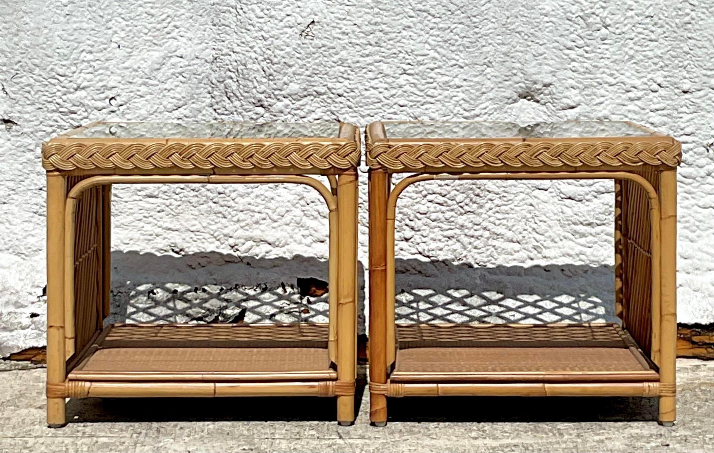 Early 20th Century Coastal Trellis Braided Rattan Side Tables - a Pair ...