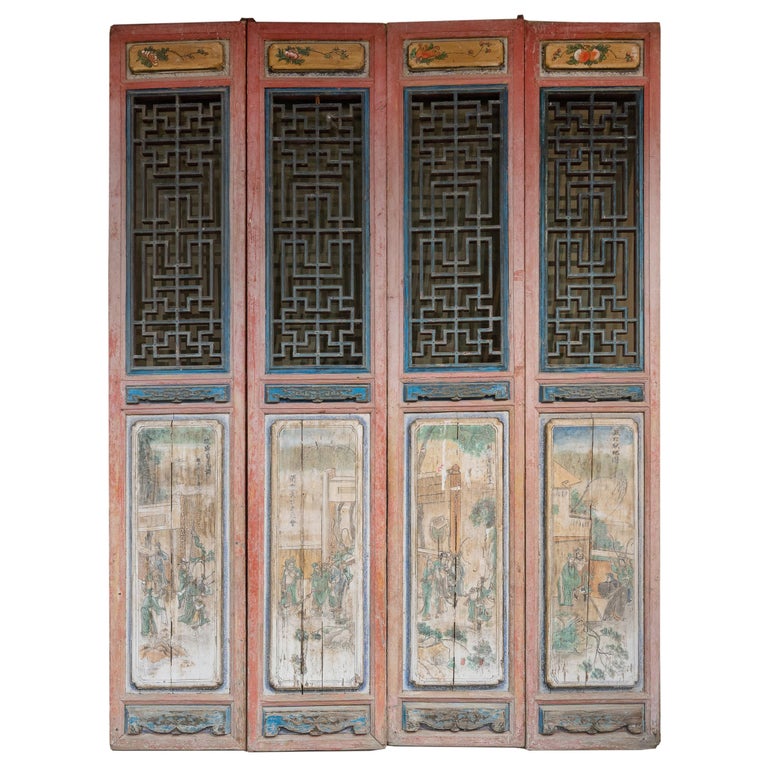 Early 20th Century Colourful Chinese Door Panels For Sale at 1stDibs