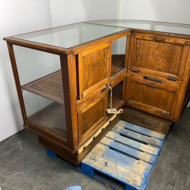 Early 20th Century Curved Corner Oak Two-Tier Display Cabinet at 1stDibs