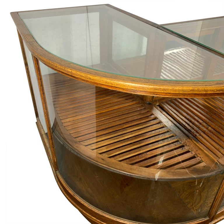 Early 20th Century Curved Corner Oak Two-Tier Display Cabinet at 1stDibs