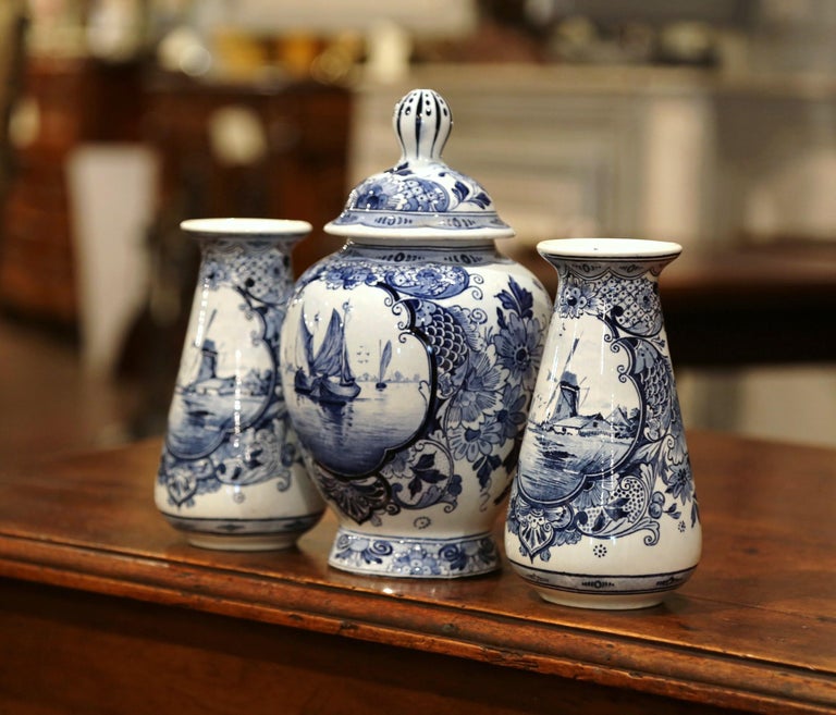 Early 20th Century Dutch Blue and White Maastricht Delft Mantel Three ...