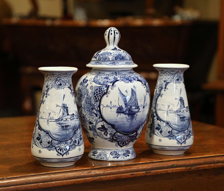 Early 20th Century Dutch Blue and White Maastricht Delft Mantel Three ...