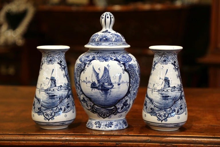 Early 20th Century Dutch Blue and White Maastricht Delft Mantel Three ...
