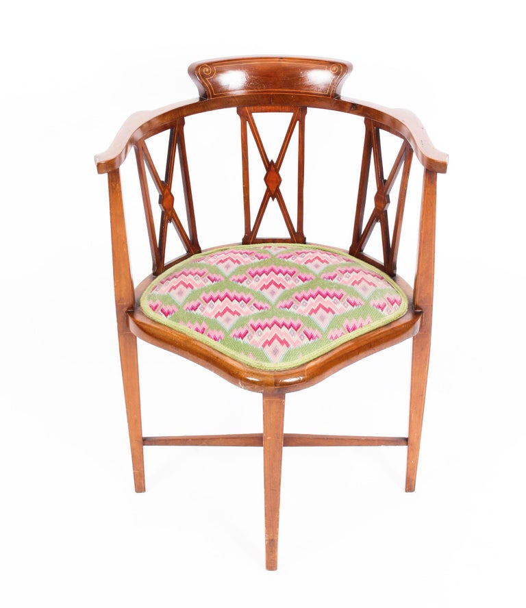 Early 20th Century Edwardian Inlaid Mahogany Corner Armchair at 1stDibs