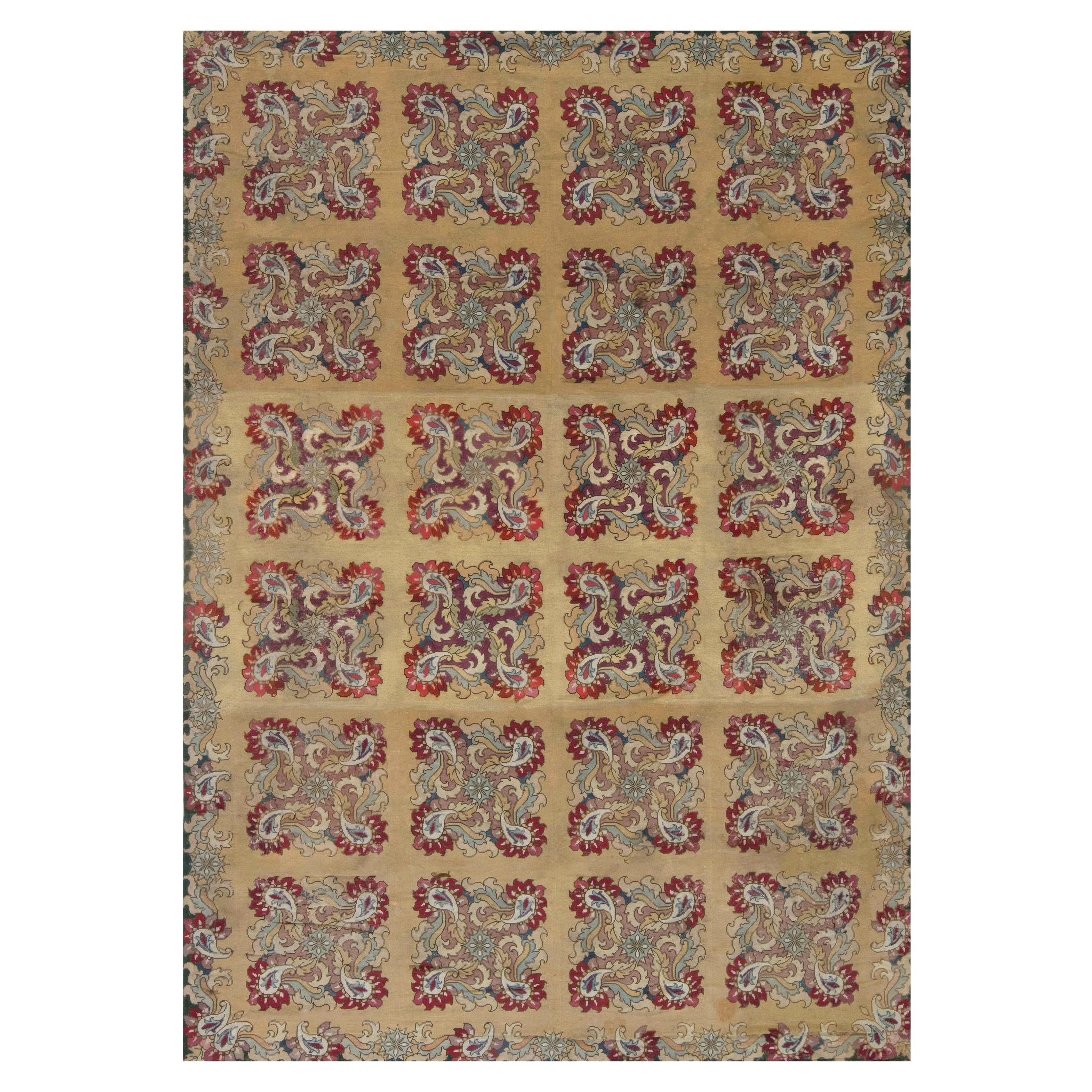 20th Century Yellow Pink Green Flowers Arraiolos Rug from Portugal ...