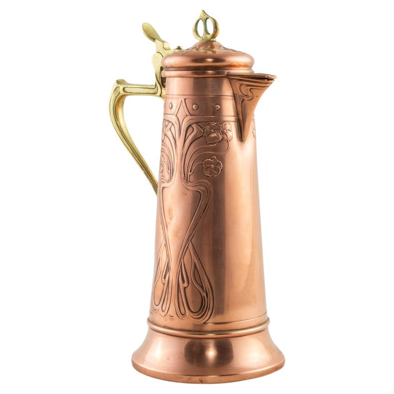 Early 20th Century French Art Nouveau Period Copper and Bronze Pitcher ...