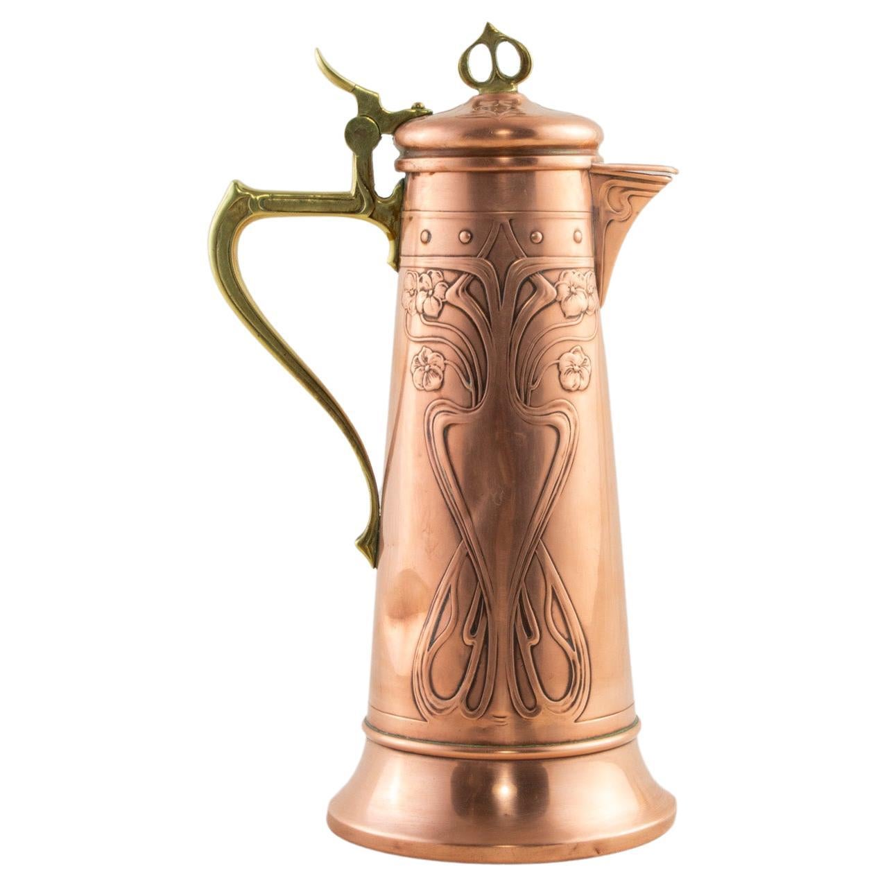Early 20th Century French Art Nouveau Period Copper and Bronze Pitcher ...