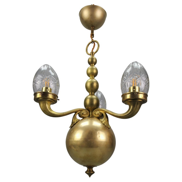Early 20th Century French Brass and Clear Cut Glass Three-Light ...