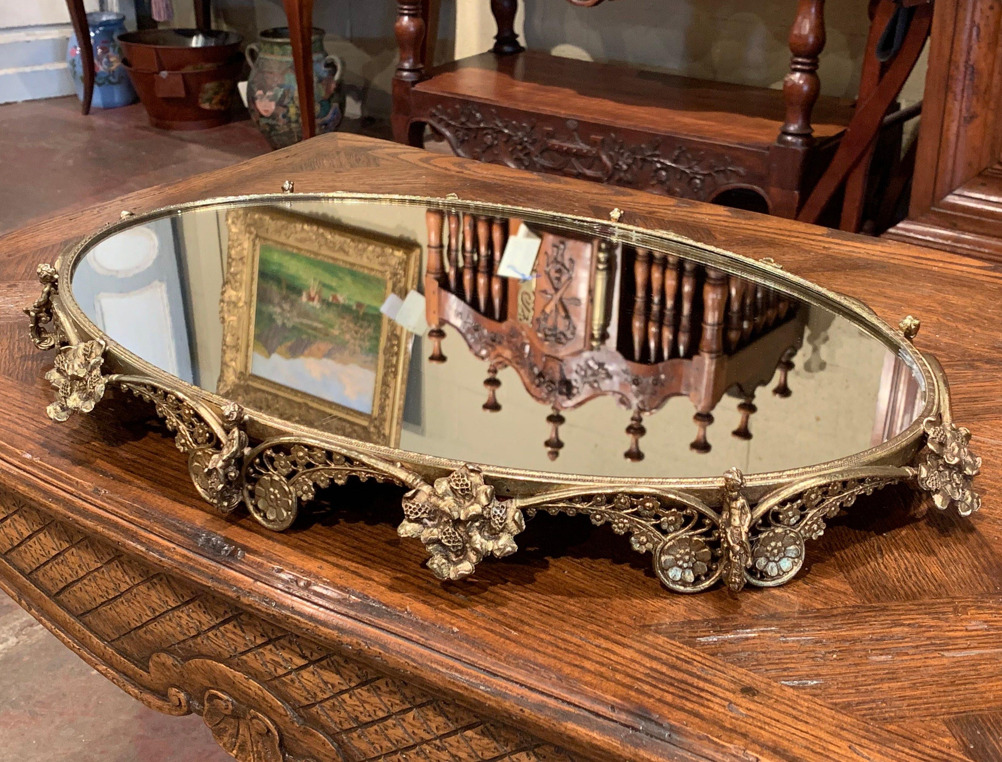 Early 20th Century French Brass Mirrored Plateau with Floral and Cherub ...