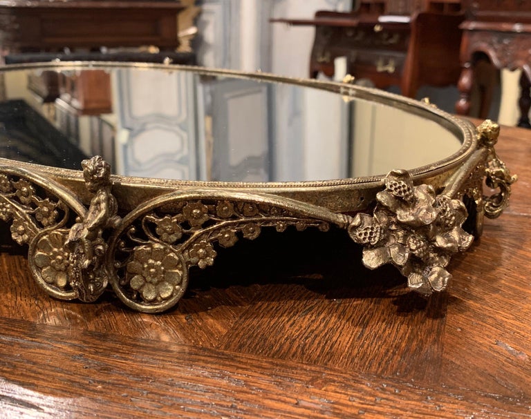 Early 20th Century French Brass Mirrored Plateau with Floral and Cherub ...