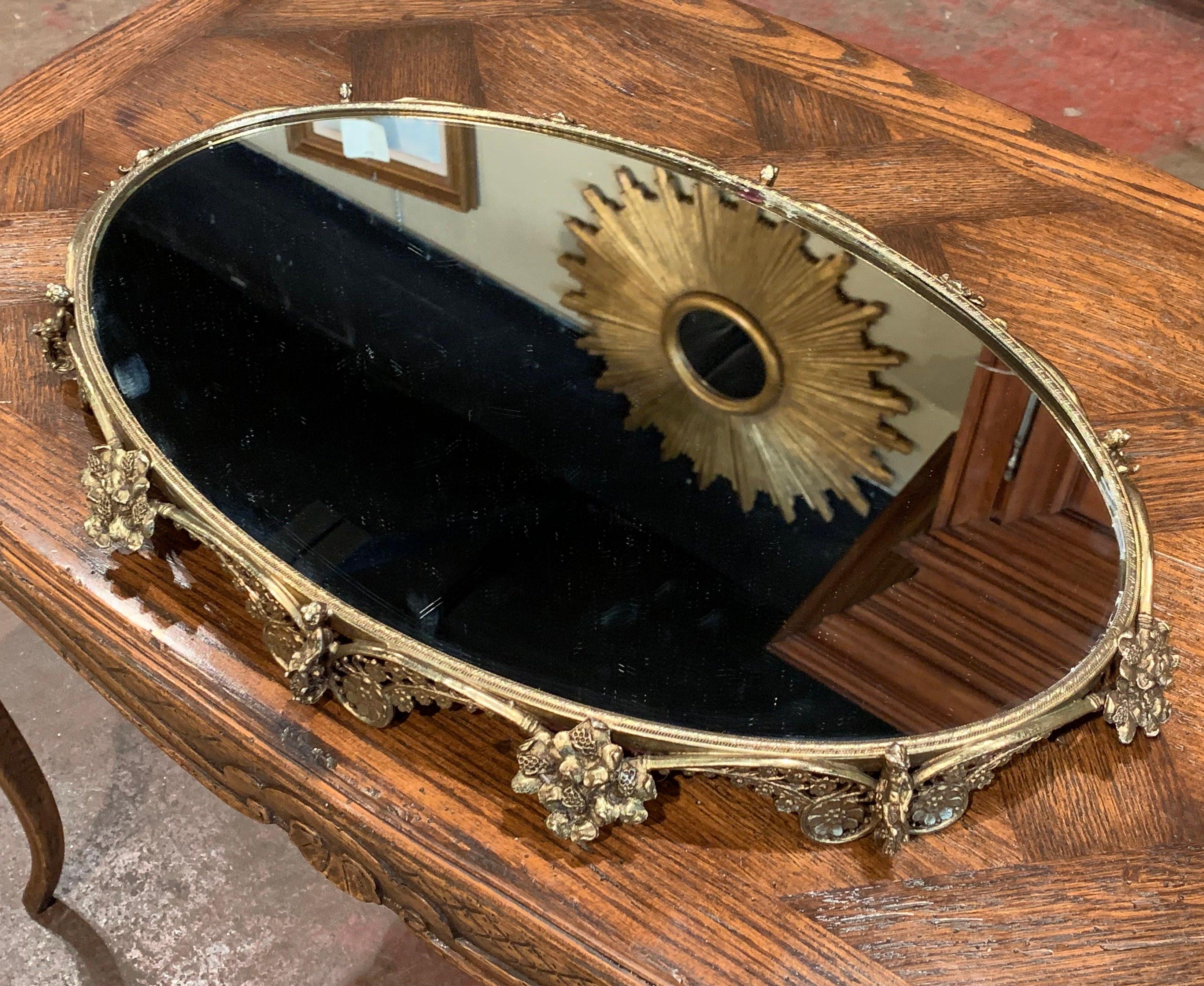 Early 20th Century French Brass Mirrored Plateau with Floral and Cherub ...