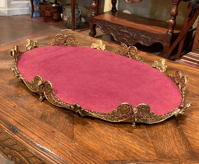 Early 20th Century French Brass Mirrored Plateau with Floral and Cherub ...