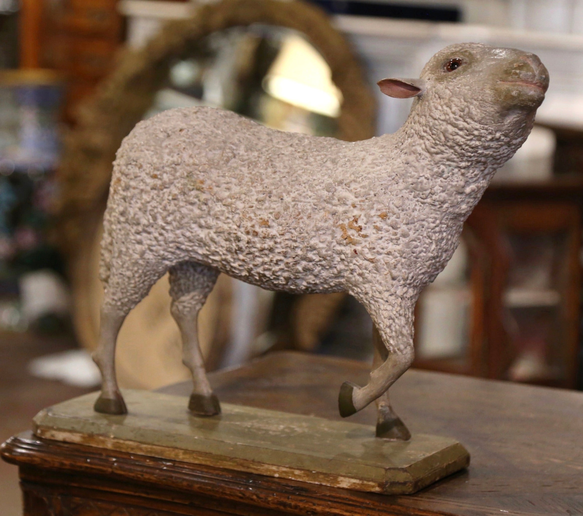 Early 20th Century French Carved and Painted Lamb Sculpture with Glass ...