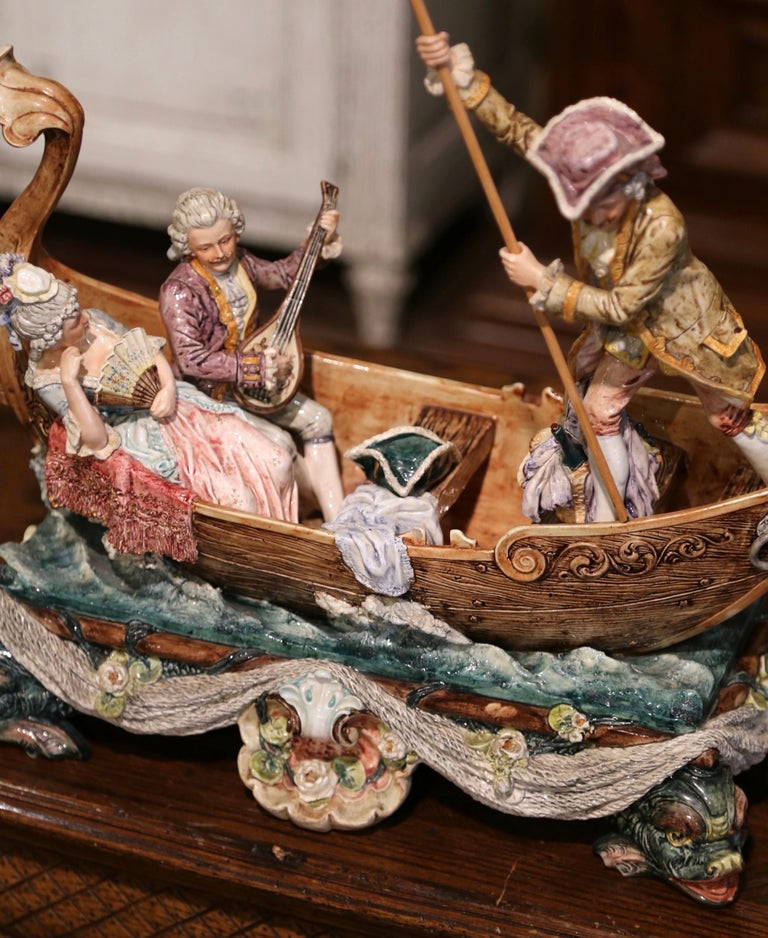 Early 20th Century French Hand-Painted Barbotine Boat and People ...