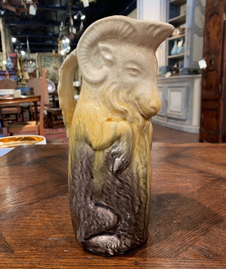 Early 20th Century French Hand Painted Barbotine Ceramic Ram Pitcher at ...