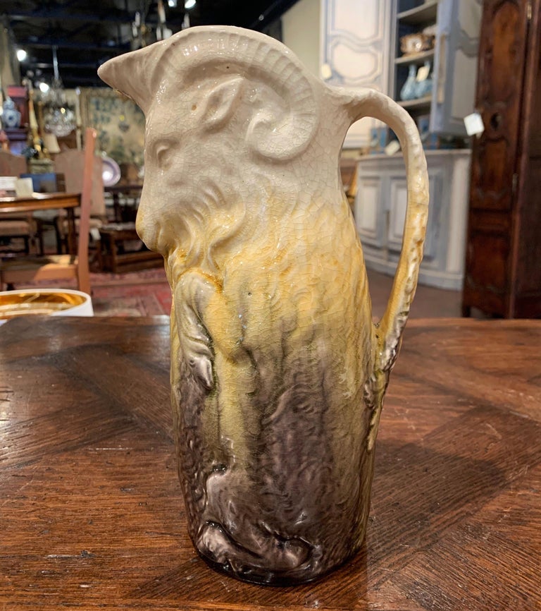 Early 20th Century French Hand Painted Barbotine Ceramic Ram Pitcher at ...