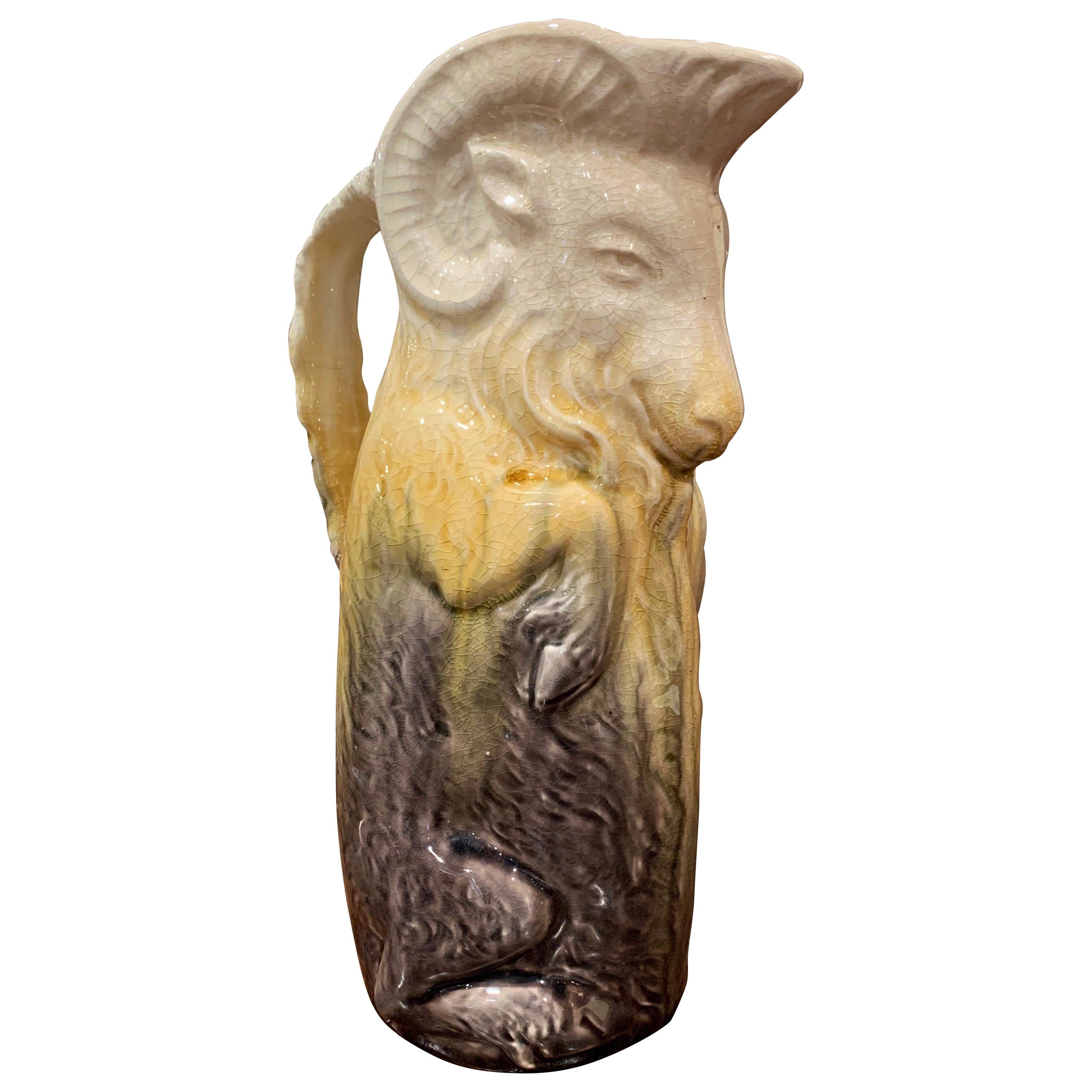 Early 20th Century French Hand Painted Barbotine Ceramic Ram Pitcher at ...