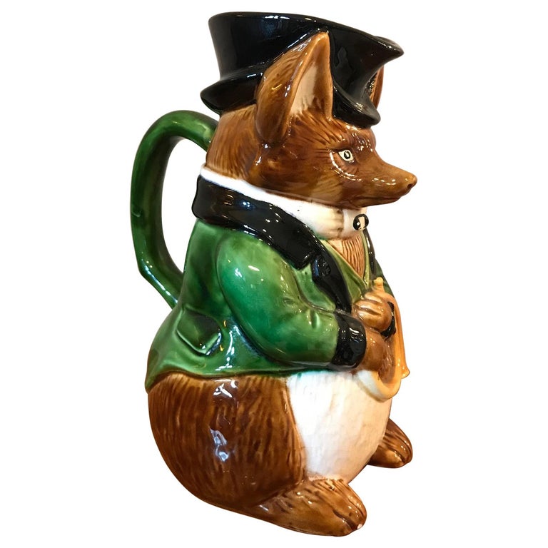 Early 20th Century French Hand Painted Barbotine Fox Pitcher at 1stDibs