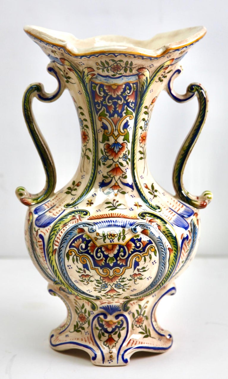 Early 20th Century French Hand-Painted Faience Vasse from Rouen For Sale at 1stDibs