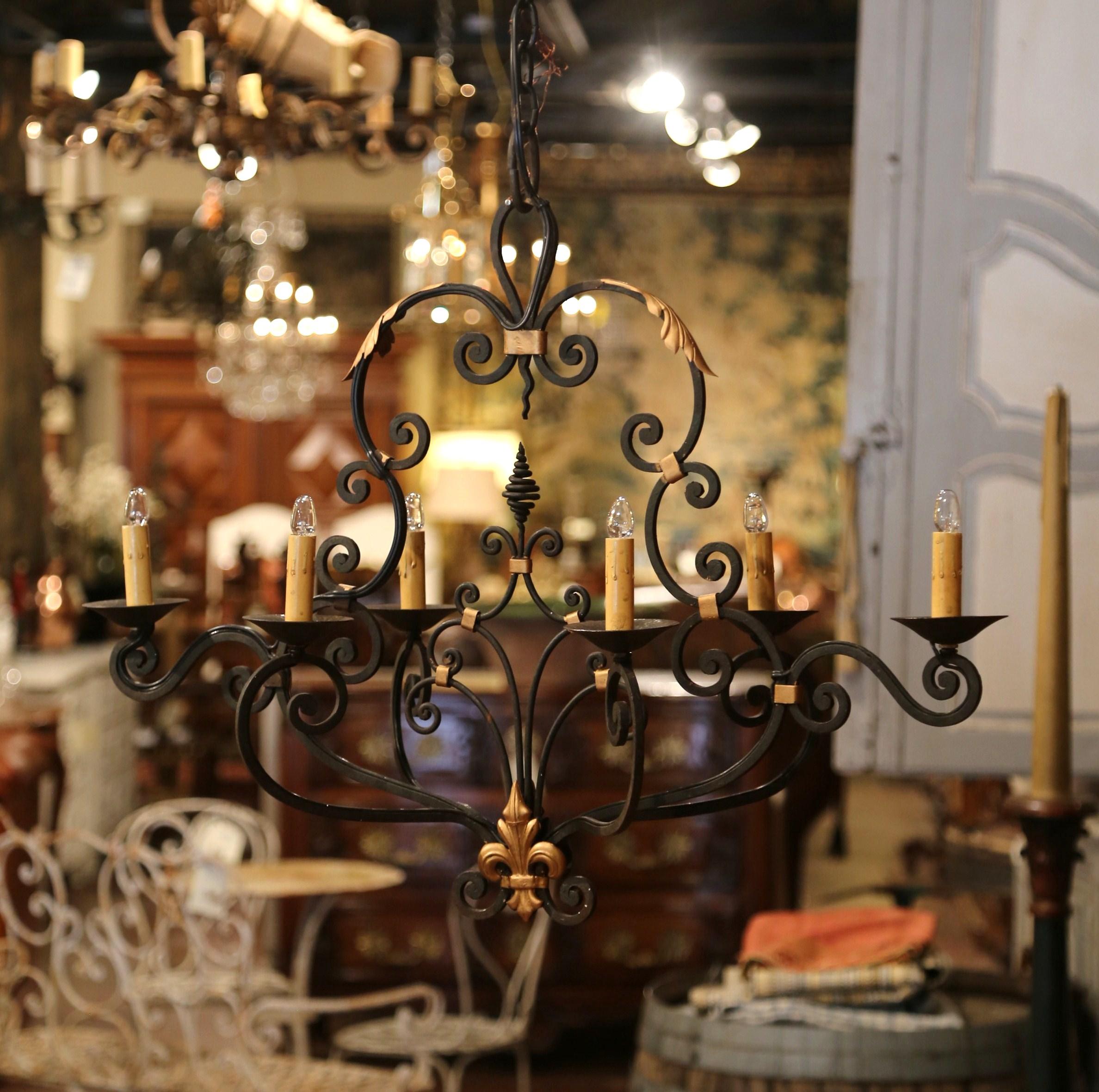 Early 20th Century French Painted and Gilt Iron Chandelier with Fleur ...