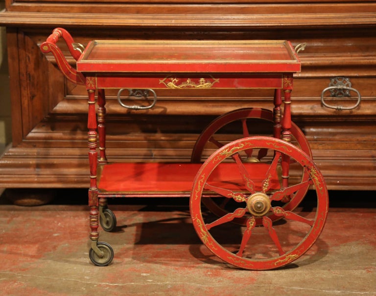 Early 20th Century French Rouge Painted Bar Cart with Gilt Chinoiserie ...