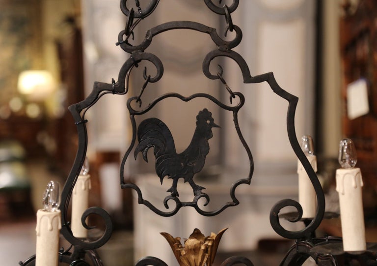 Early 20th Century French Six-Light Iron Chandelier with Center Rooster ...