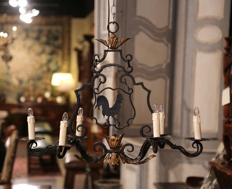 Early 20th Century French Six-Light Iron Chandelier with Center Rooster ...