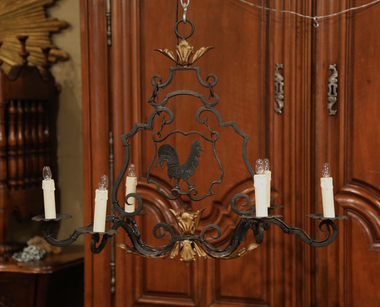 Early 20th Century French Six-Light Iron Chandelier with Center Rooster ...