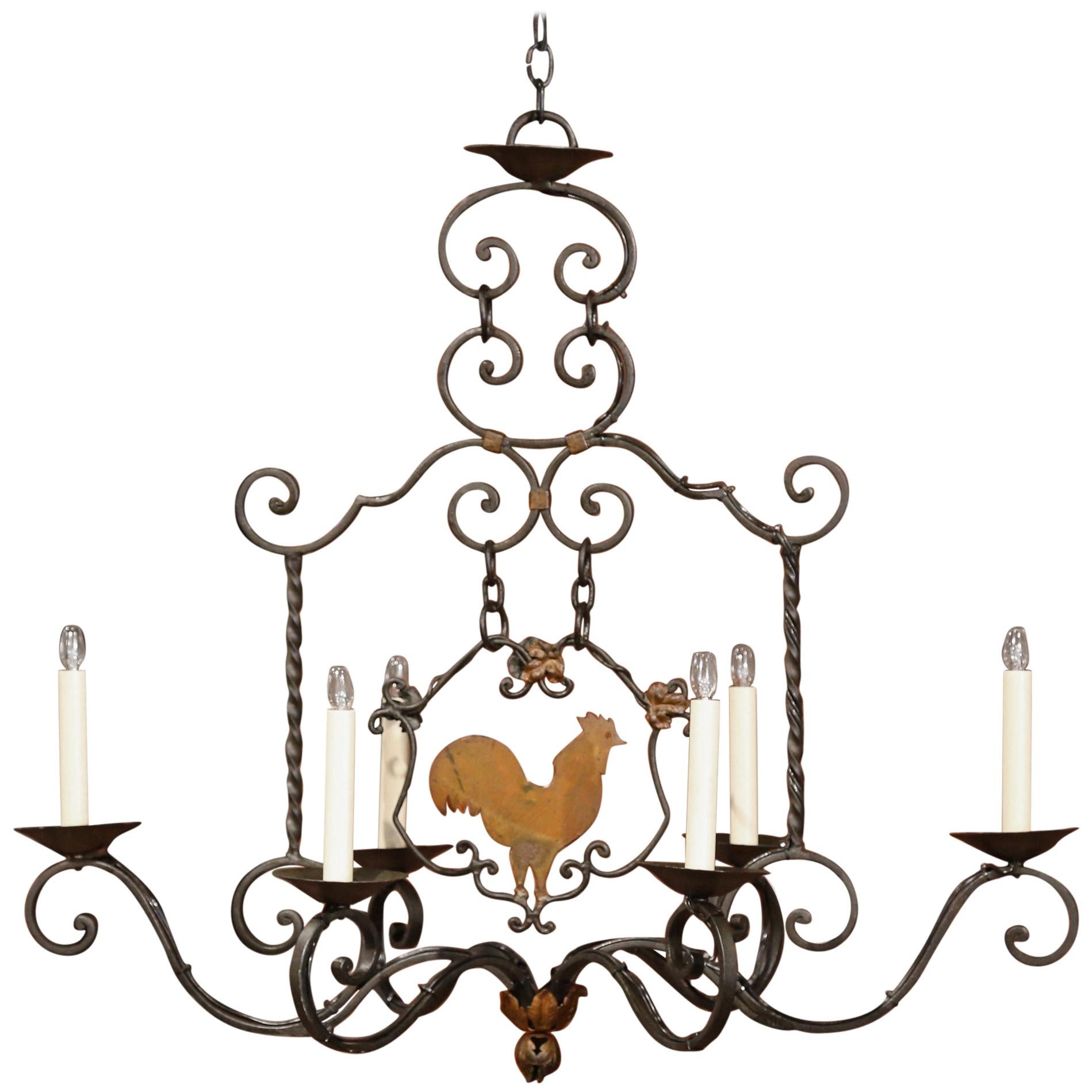 Early 20th Century French Six-Light Iron Chandelier with Center Rooster ...
