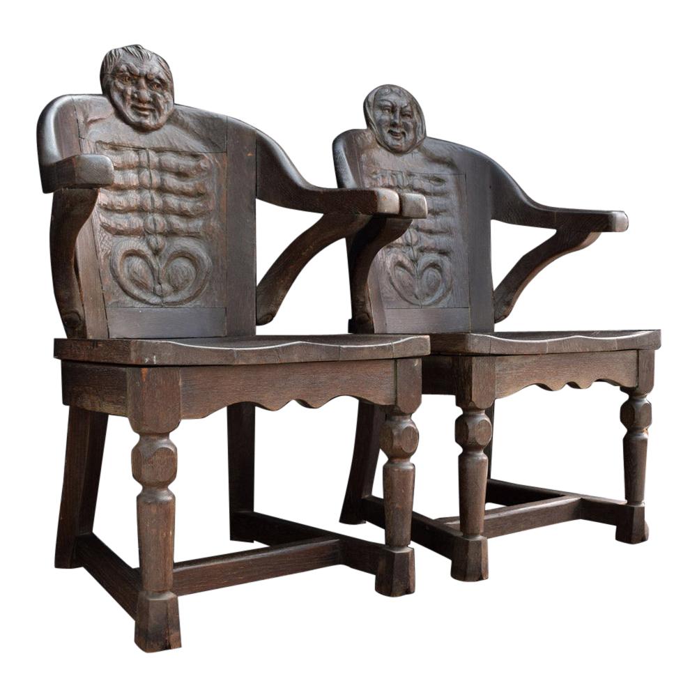 Early 20th Century Hand Carved Oak Anthropomorphism Chairs by J.B ...