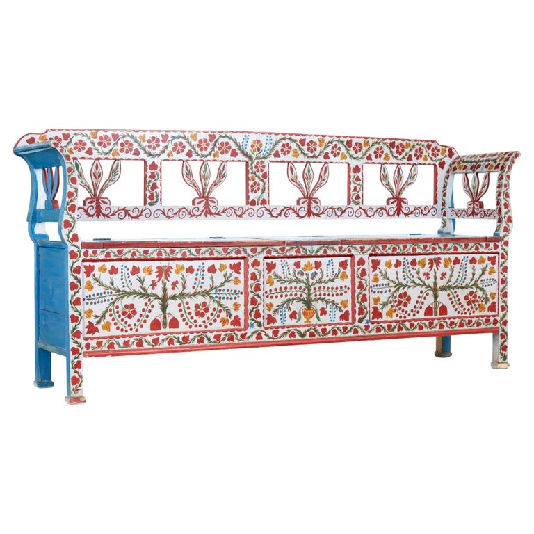 Early 20th Century Hand Painted Folk Art Bench For Sale at 1stDibs