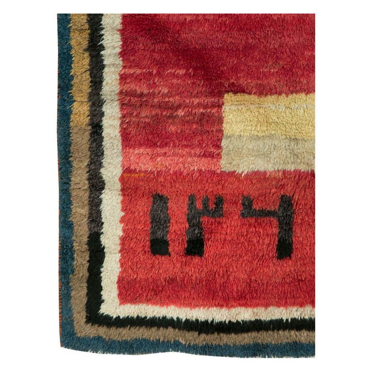 Handmade Persian Nomadic Square Shag Rug in Red For Sale at 1stDibs