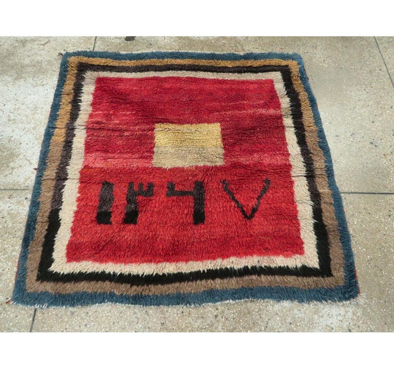Handmade Persian Nomadic Square Shag Rug in Red For Sale at 1stDibs