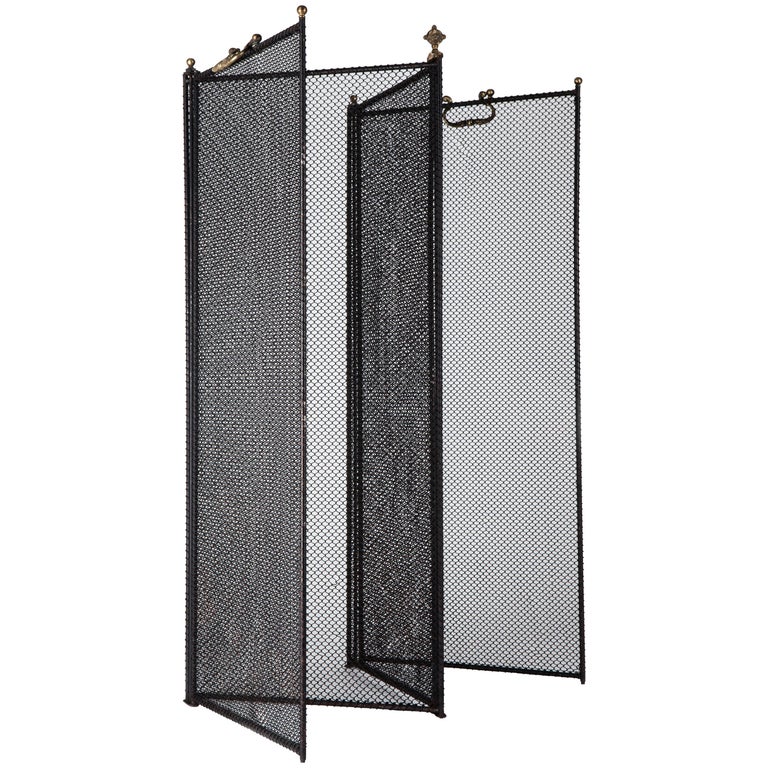 Early 20th Century Industrial Folding Iron and Wire Cloth Fire Screen ...