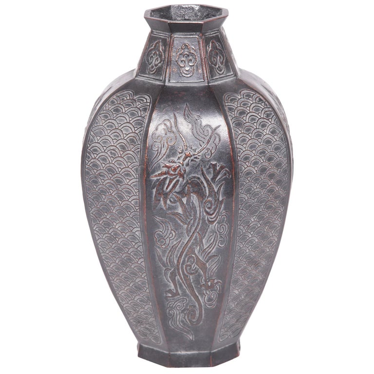 Japanese Octagonal Dragon Zinc Vase, c. 1900 at 1stDibs