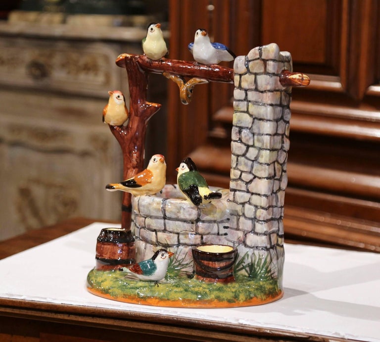Early 20th Century Painted Ceramic Well Sculpture with Birds Stamped J ...