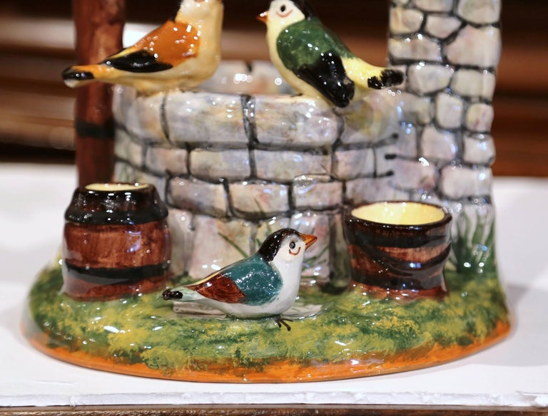 Early 20th Century Painted Ceramic Well Sculpture with Birds Stamped J ...