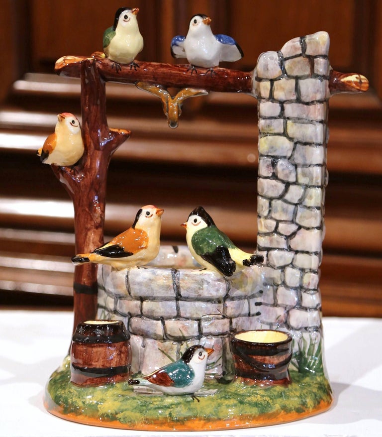 Early 20th Century Painted Ceramic Well Sculpture with Birds Stamped J ...