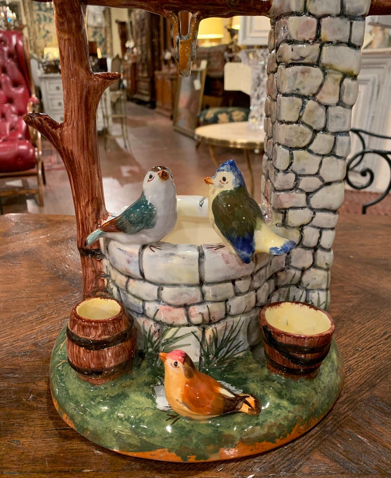 Early 20th Century Painted Ceramic Well Sculpture with Birds Stamped J ...