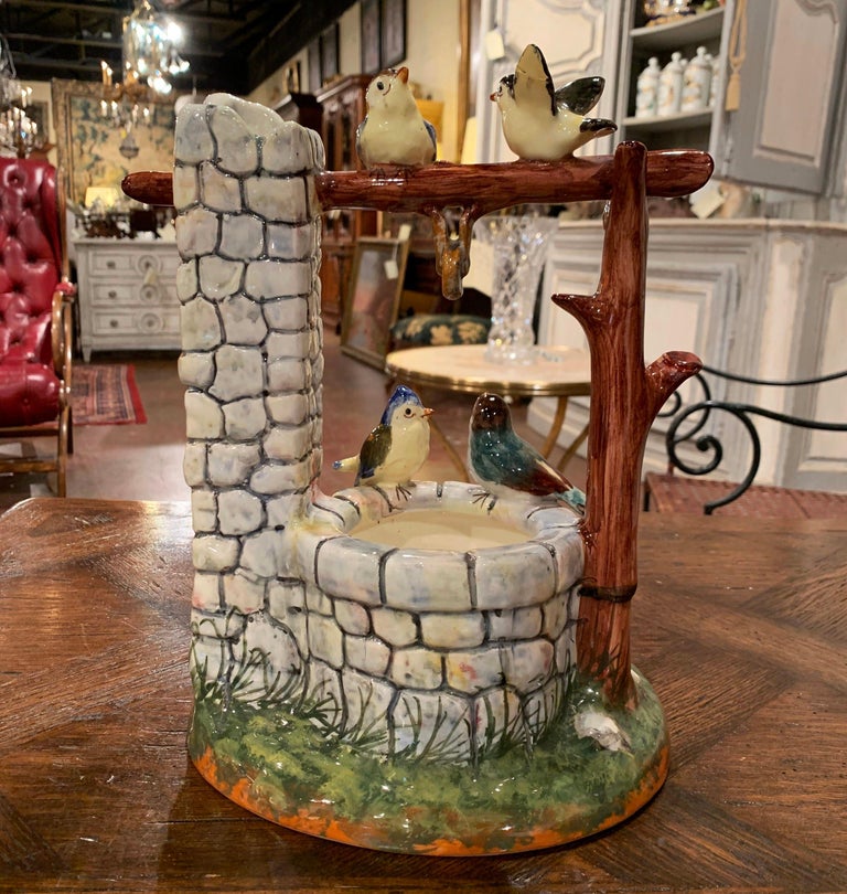 Early 20th Century Painted Ceramic Well Sculpture with Birds Stamped J ...