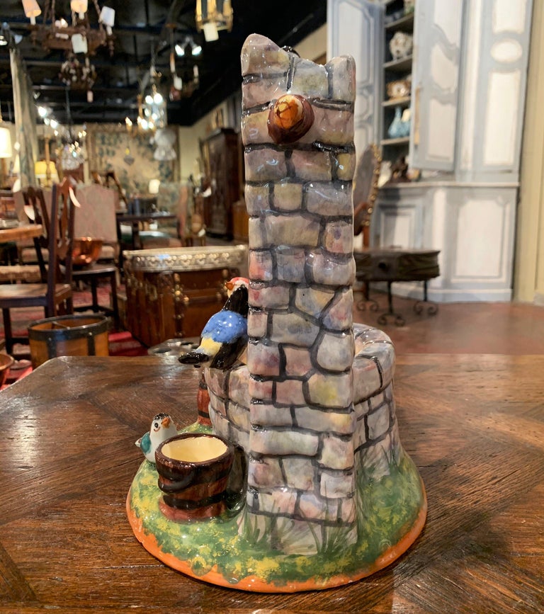 Early 20th Century Painted Ceramic Well Sculpture with Birds Stamped J ...
