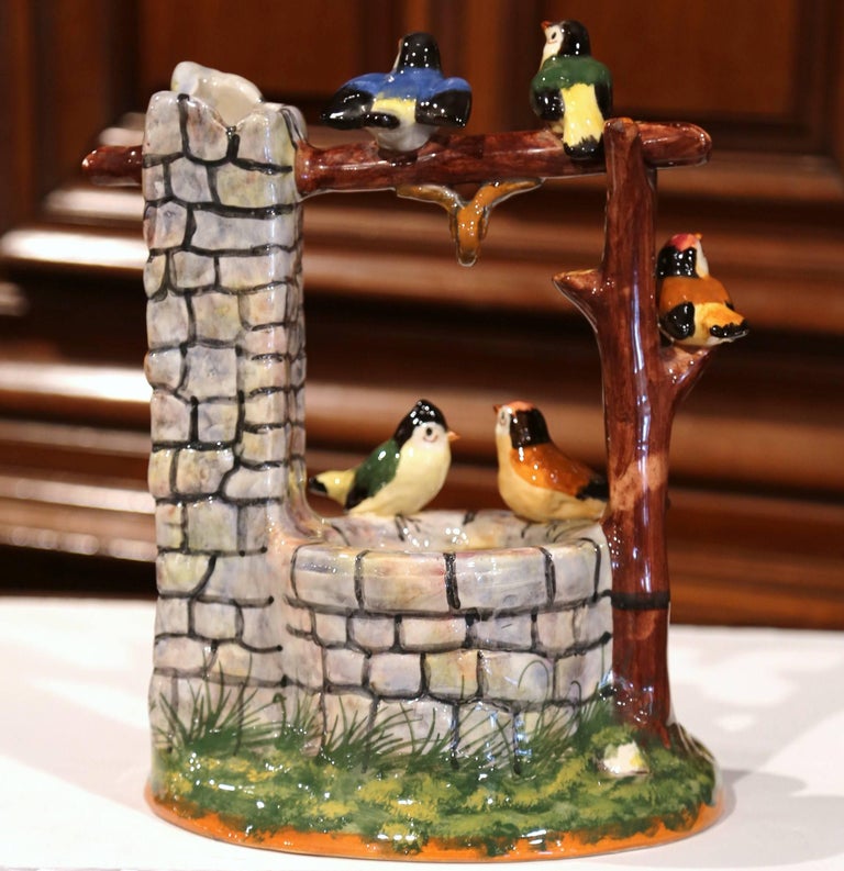 Early 20th Century Painted Ceramic Well Sculpture with Birds Stamped J ...
