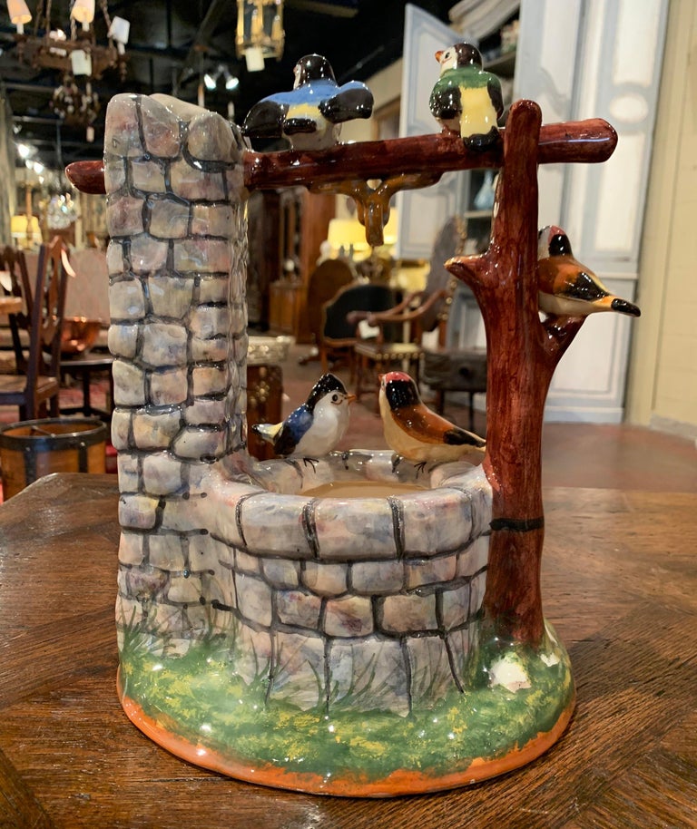 Early 20th Century Painted Ceramic Well Sculpture with Birds Stamped J ...