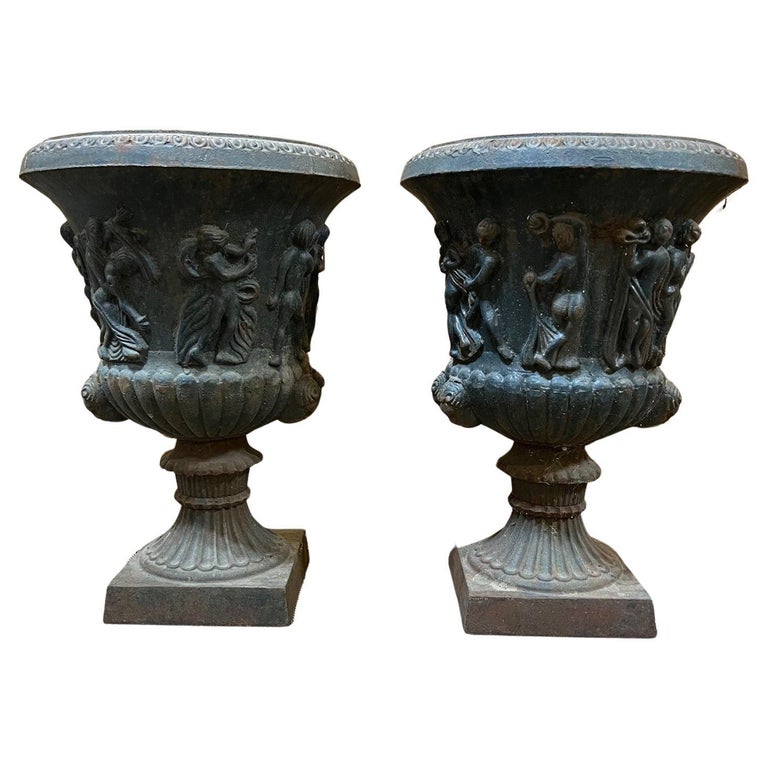 Early 20th Century Pair of Neoclassical Style Cast Iron Garden Urns For ...